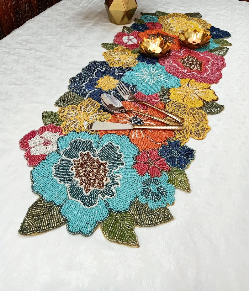 Multicolored Flowers Handmade Beaded Table Runner - Etsy
