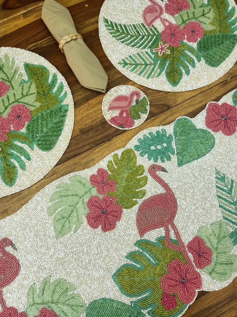 Handmade Flamingo with Tropical leaves beaded table runner | Etsy