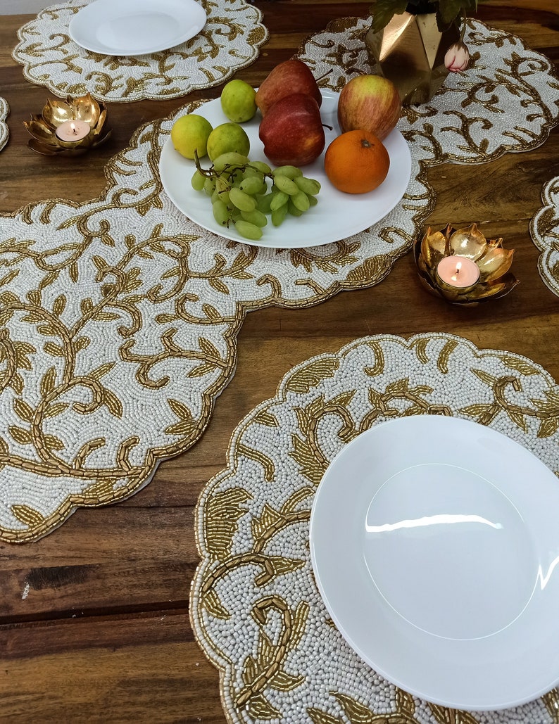 Off-white & Gold Beaded Table Runner Handmade Beaded Runner - Etsy