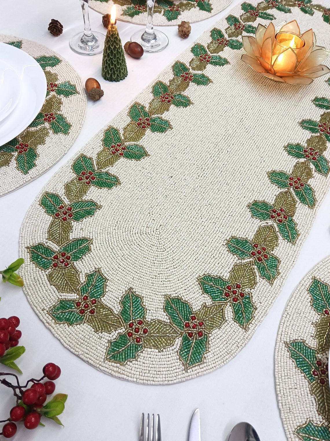 Christmas Holly Leaves Handmade Beaded Table Runner. Matching Placemats ...