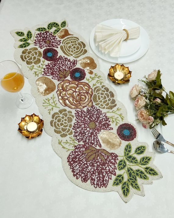 Off-white With Multicolor Flowers Handmade Beaded Table Runner - Etsy