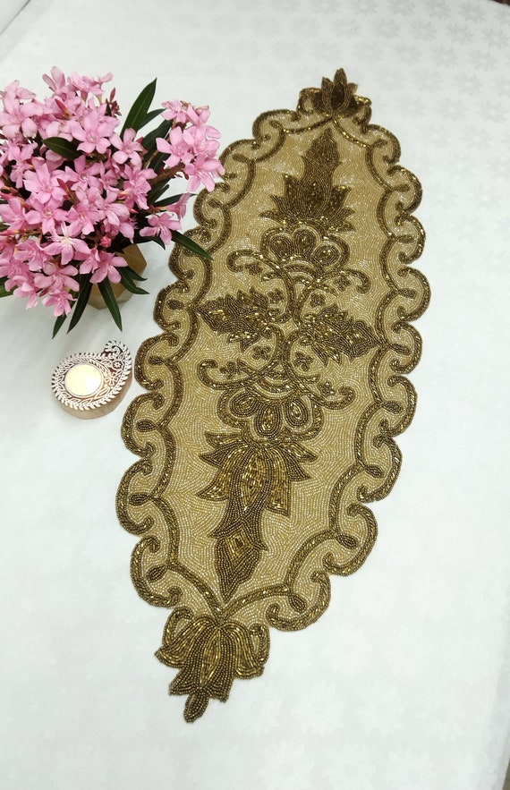 Gold Handmade Beaded Table Runner Ornate Design Table | Etsy