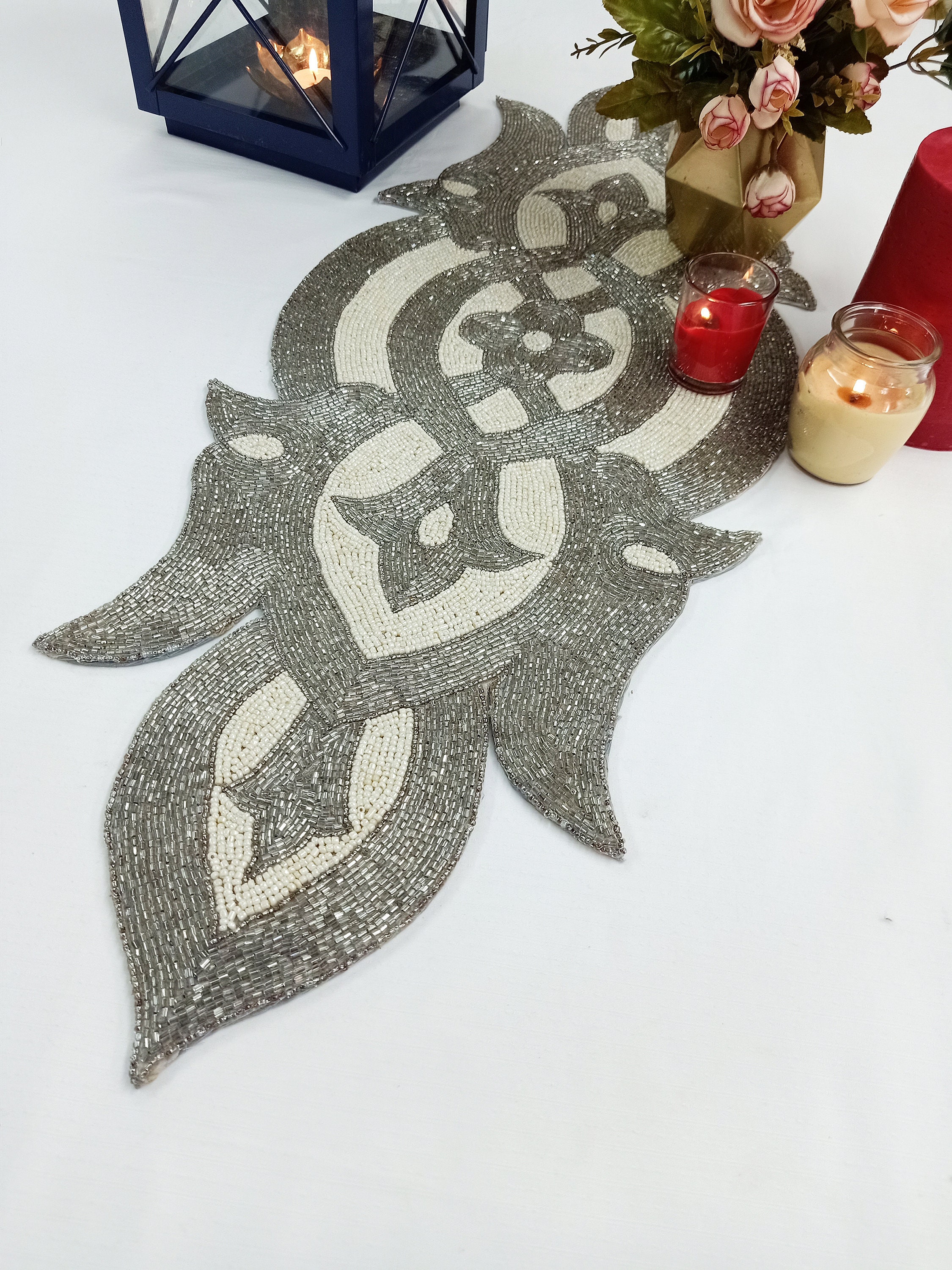 Handmade Silver off White Beaded Table Runner - Etsy