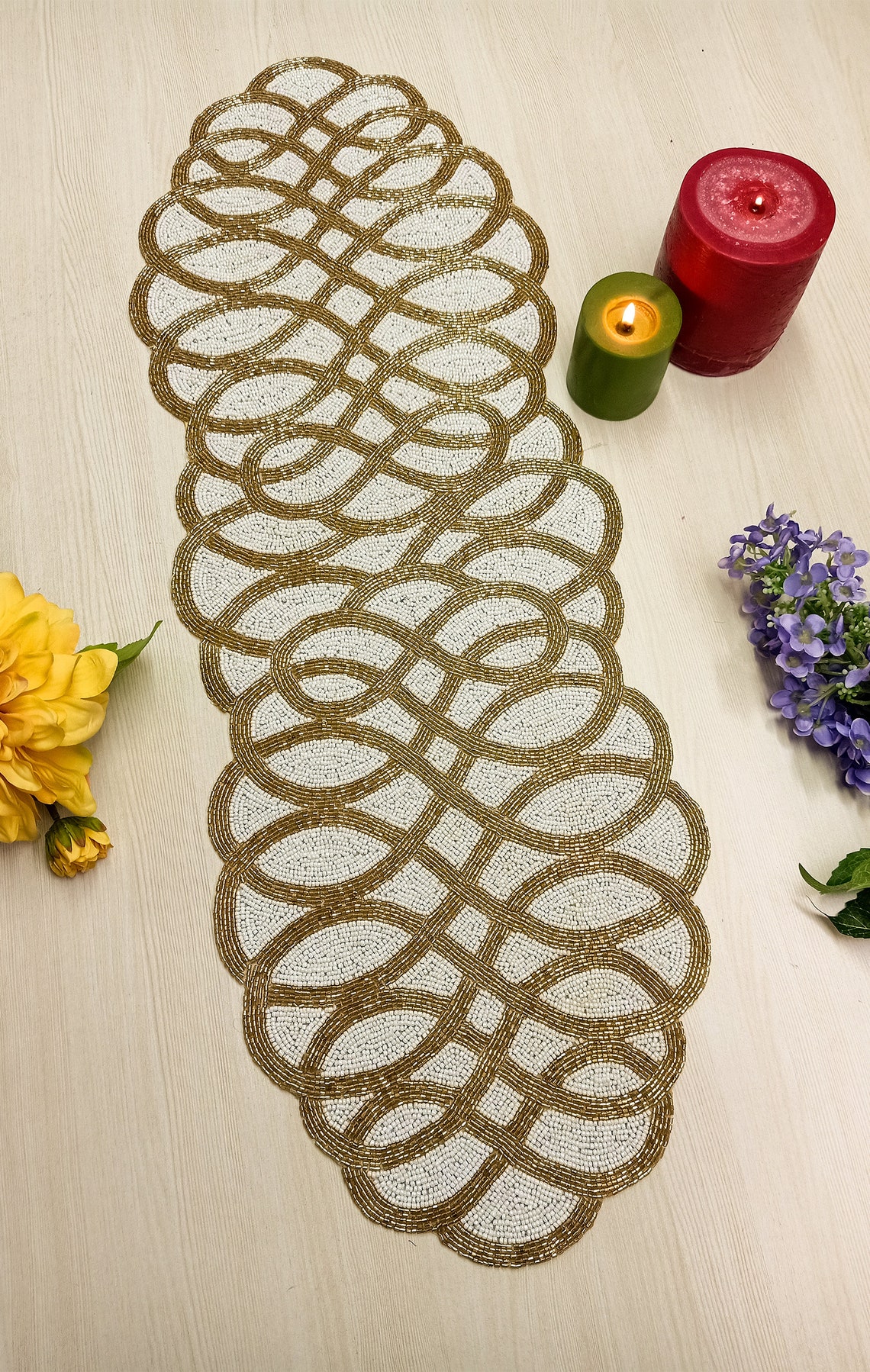 Gold and White Handmade Beaded Runner - Etsy