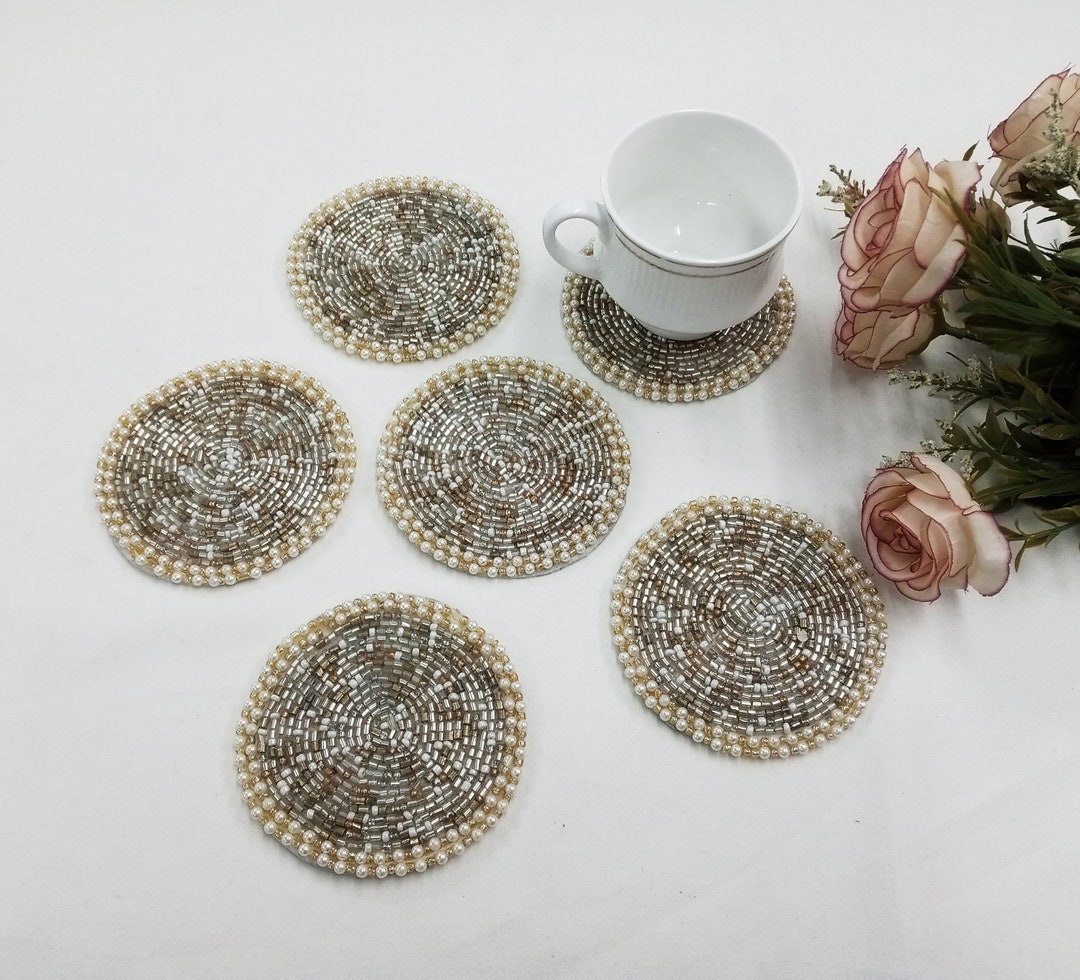 Handmade Off-white and Gold Round Beaded Coasters - Set of 6 - Etsy