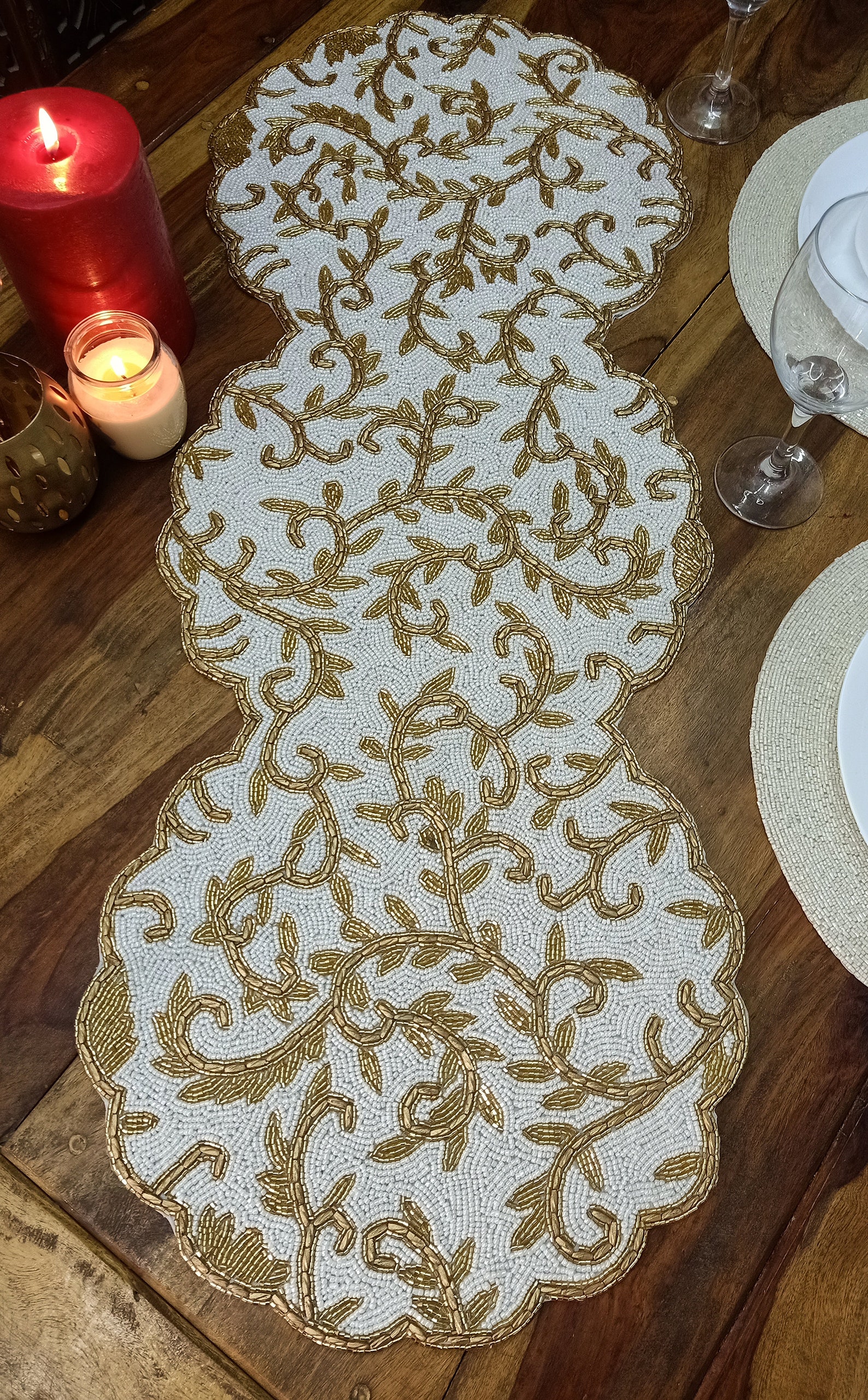 Off-white & Gold Beaded Table Runner Handmade Beaded Runner - Etsy