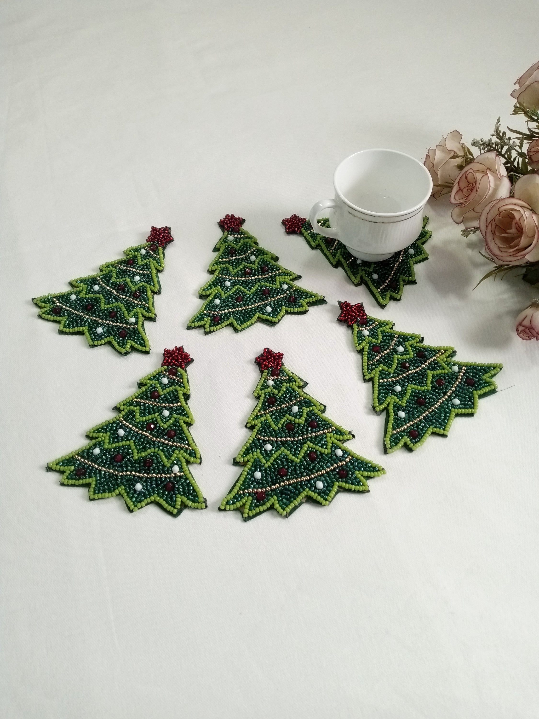 Handmade Green Christmas Tree Beaded Coasters Set of 6 - Etsy