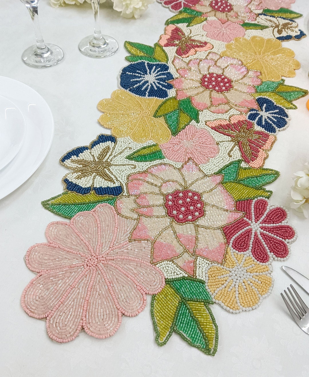 Pink Flowers Handmade Beaded Table Runner - Etsy