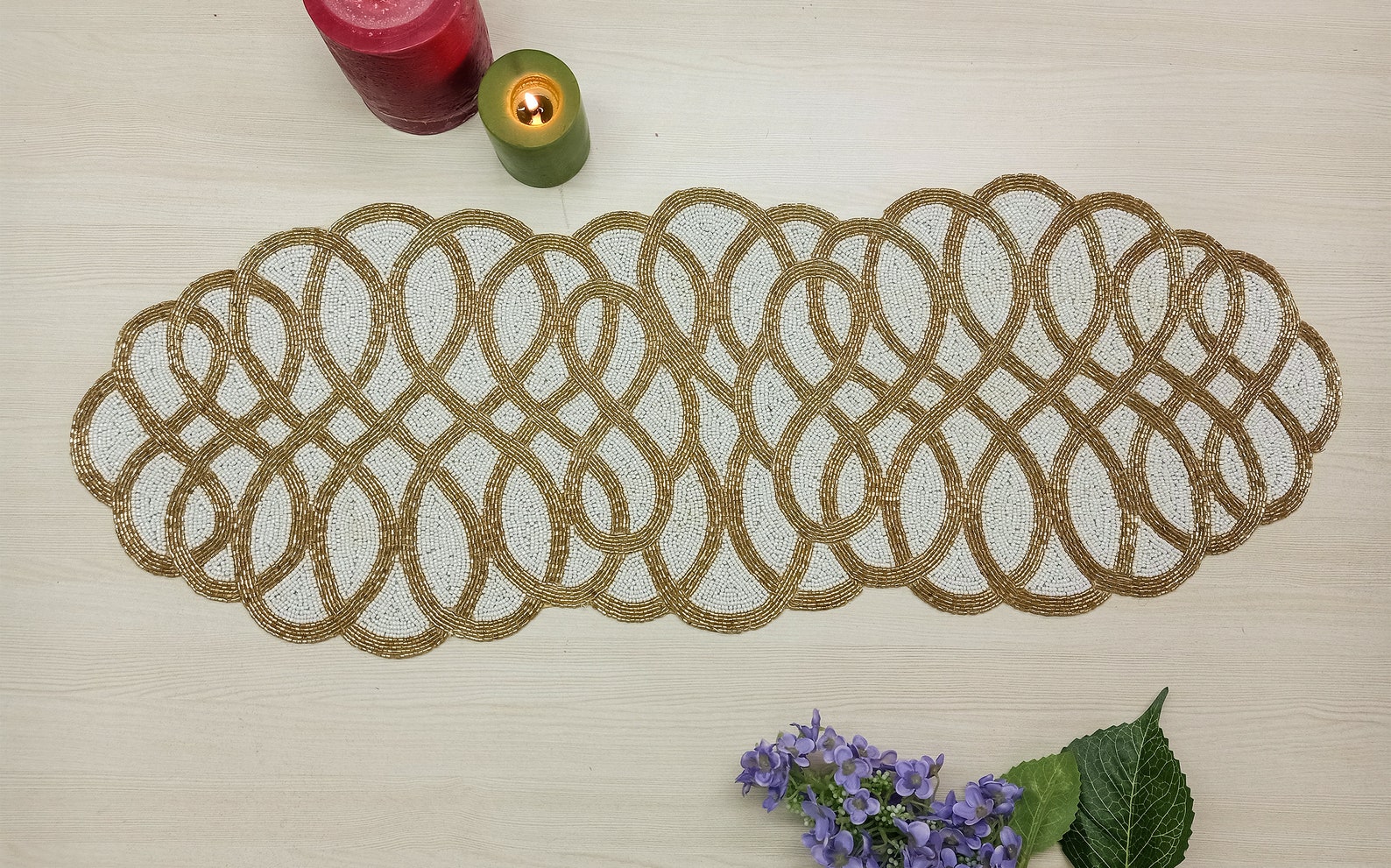 Gold and White Handmade Beaded Runner - Etsy