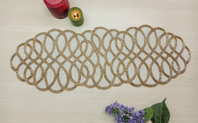 Gold and White Handmade Beaded Runner - Etsy
