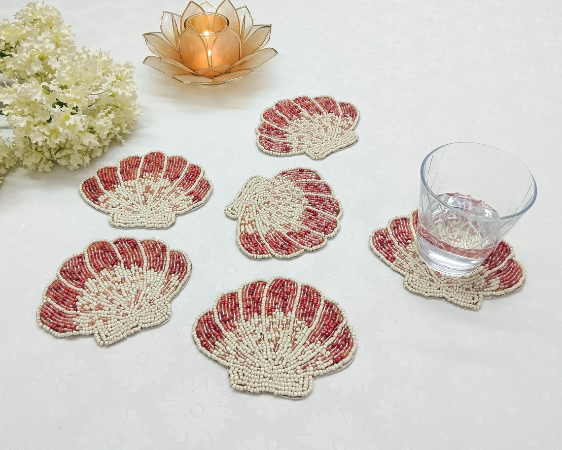 Set of 6 Handmade Beaded Shell Coasters - Etsy