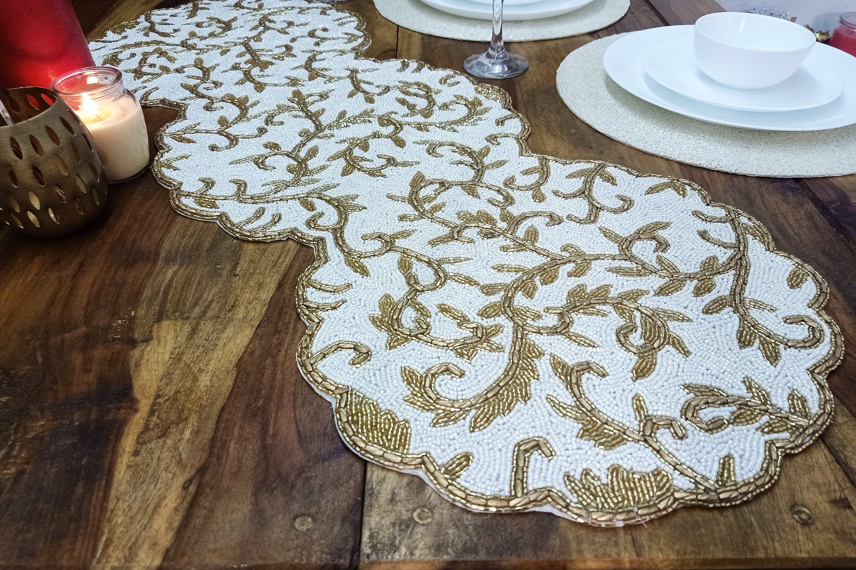 Off-white & Gold Beaded Table Runner Handmade Beaded Runner - Etsy