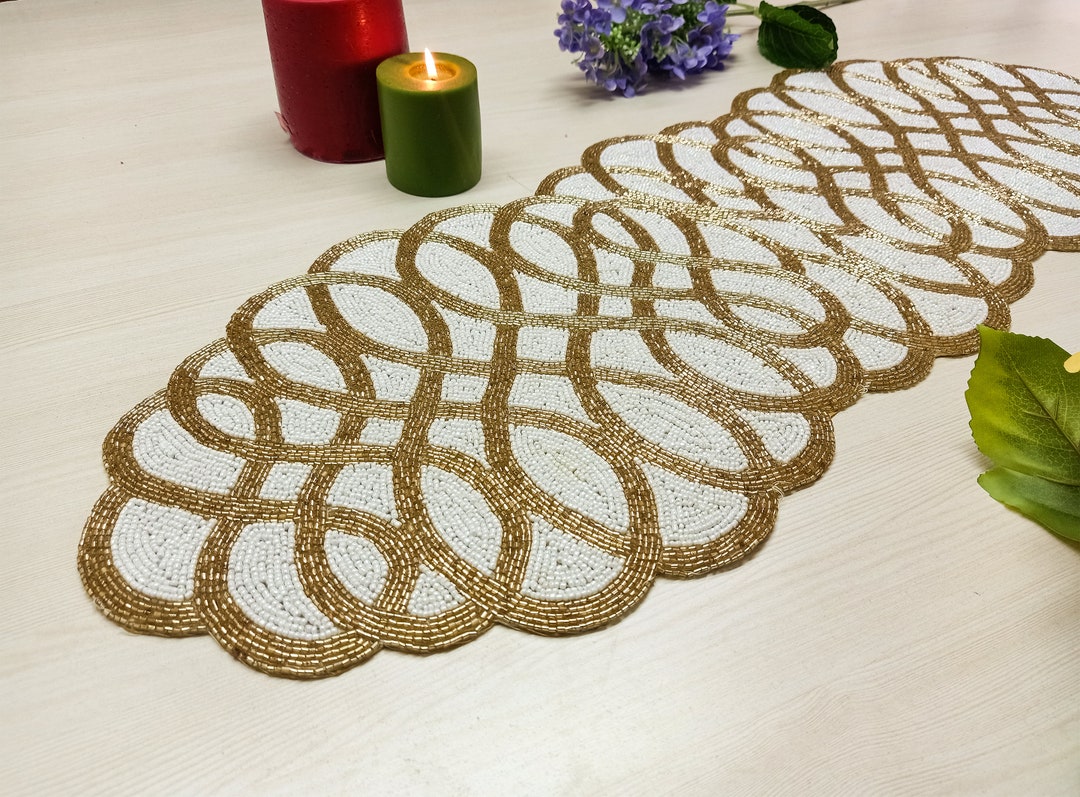 Gold and White Handmade Beaded Runner - Etsy
