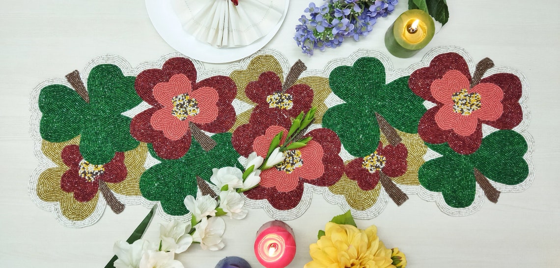 Handmade Green and Red Clover Leaves Beaded Table Runner - Etsy
