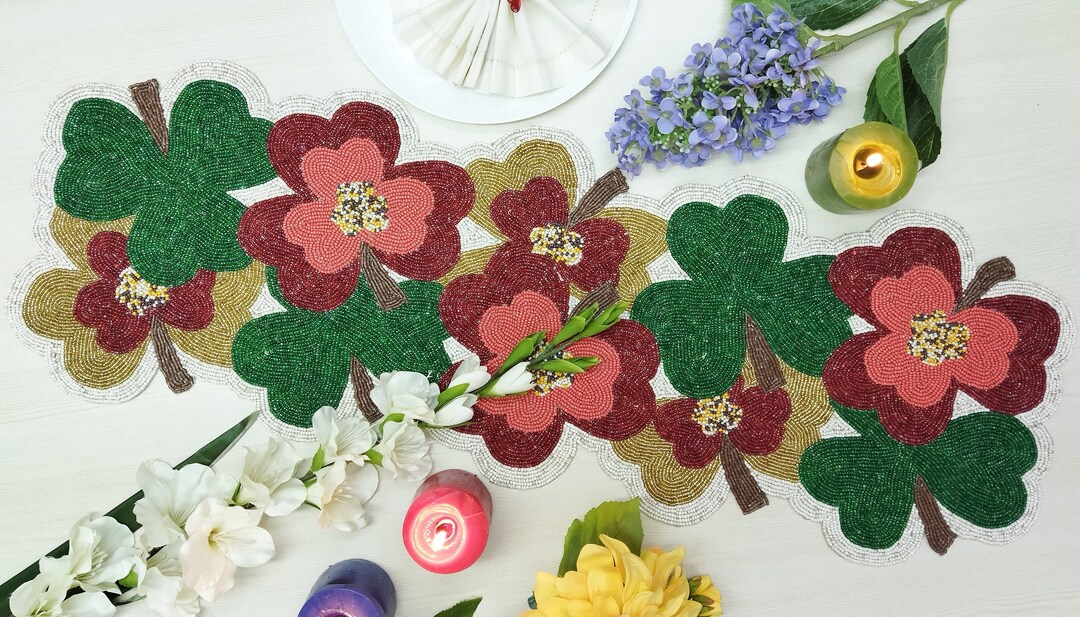 Handmade Green and Red Clover Leaves Beaded Table Runner - Etsy