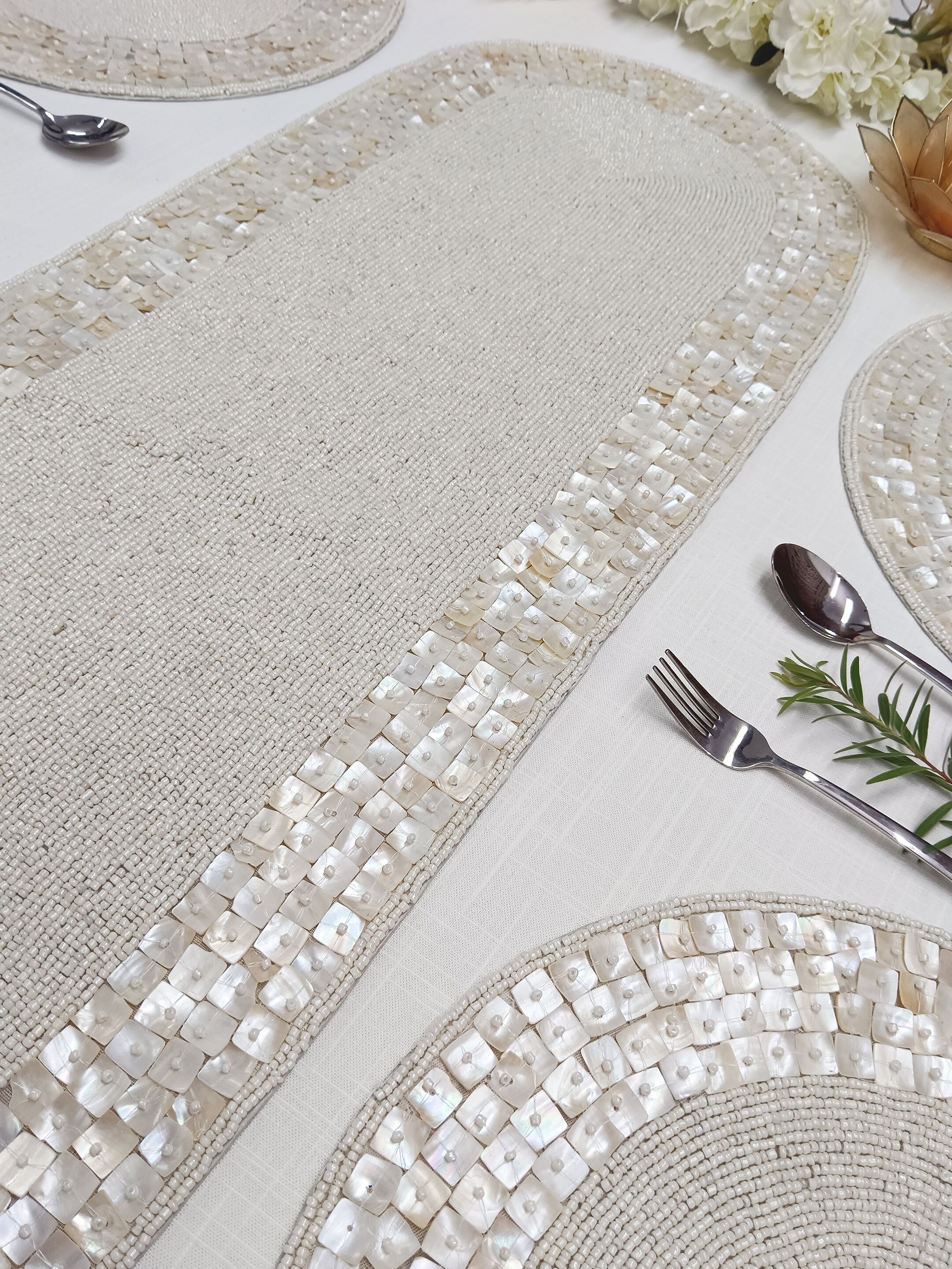 Handmade Mother of Pearls Beaded Table Runner. Matching Placemats Are ...