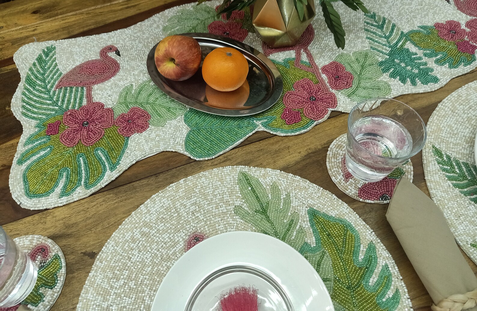 Handmade Flamingo with Tropical leaves beaded table runner | Etsy