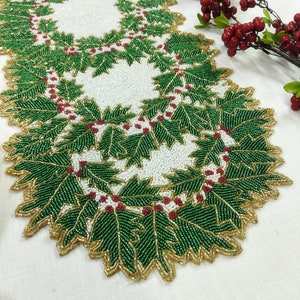 Christmas Holly Leaves Wreath Handmade Beaded Table Runner. Matching ...