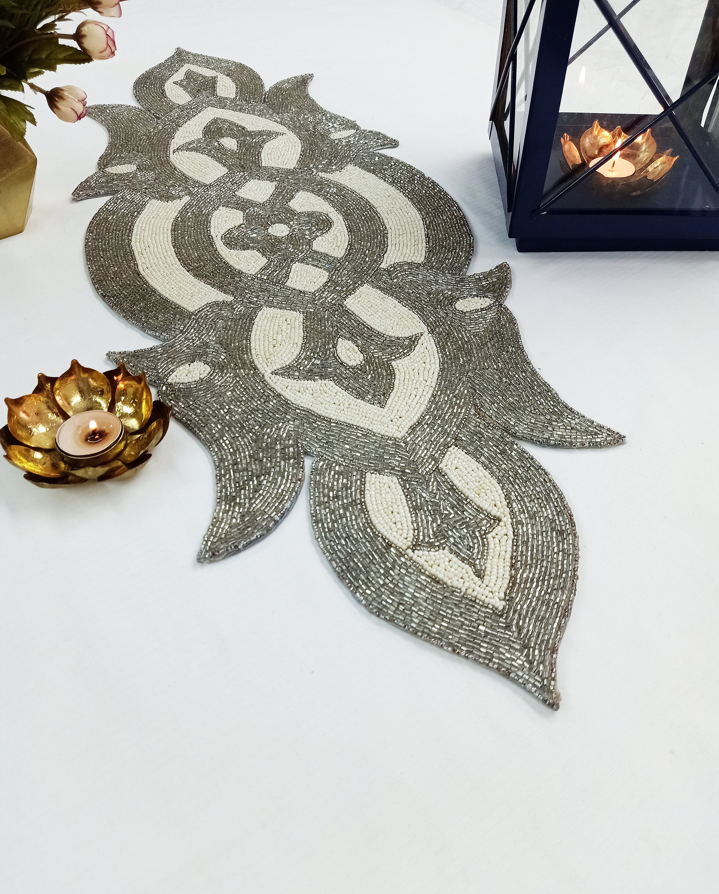 Handmade Silver off White Beaded Table Runner - Etsy