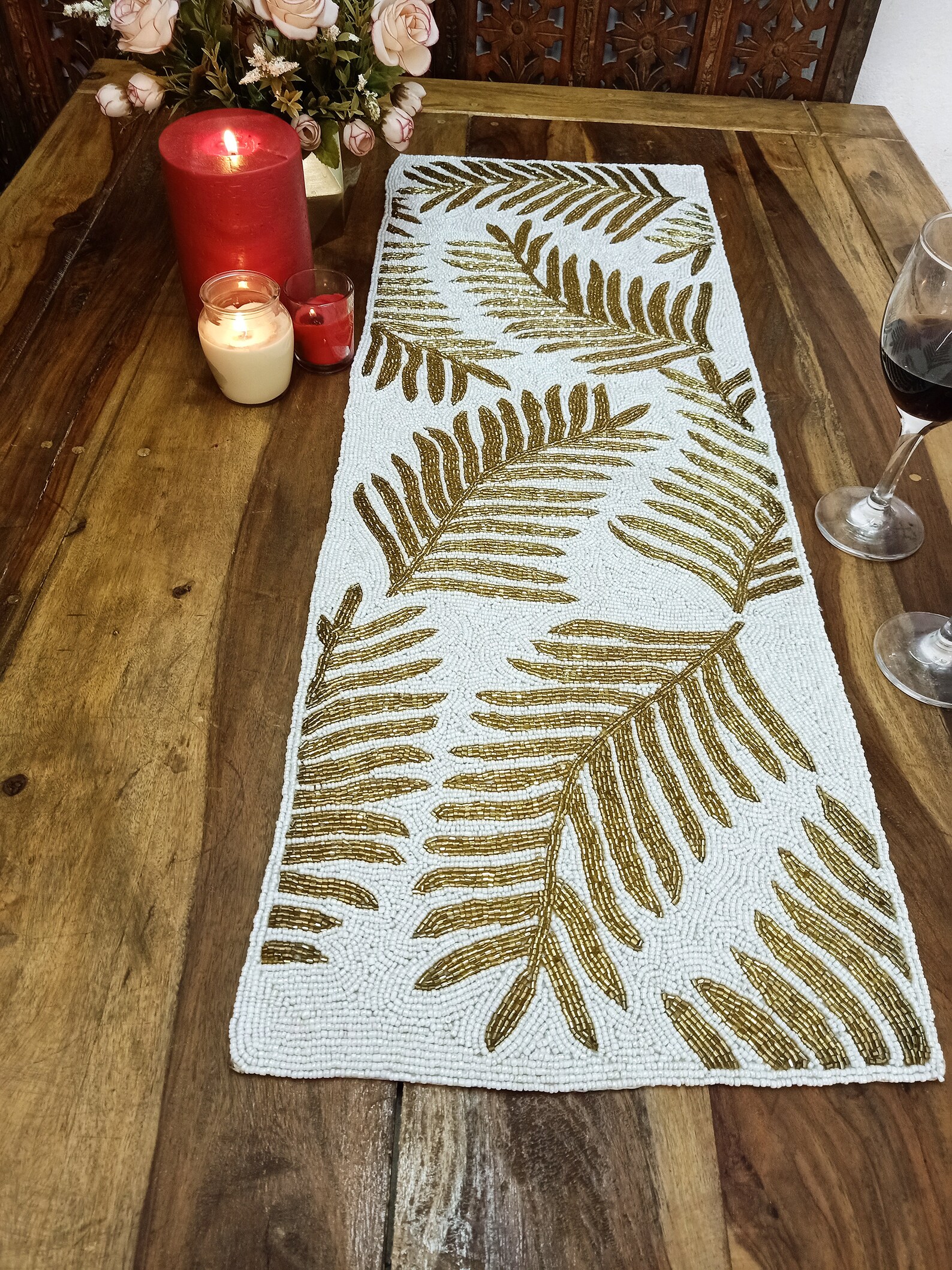 Off-white With Gold Leaves Handmade Beaded Table Runner, Placemats and ...