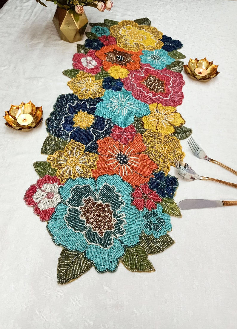 Multicolored Flowers Handmade Beaded Table Runner - Etsy