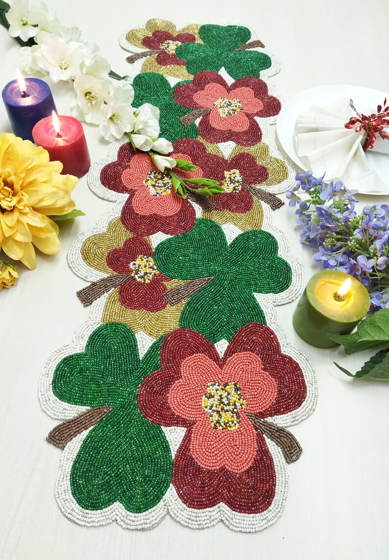 Handmade Green and Red Clover Leaves Beaded Table Runner - Etsy