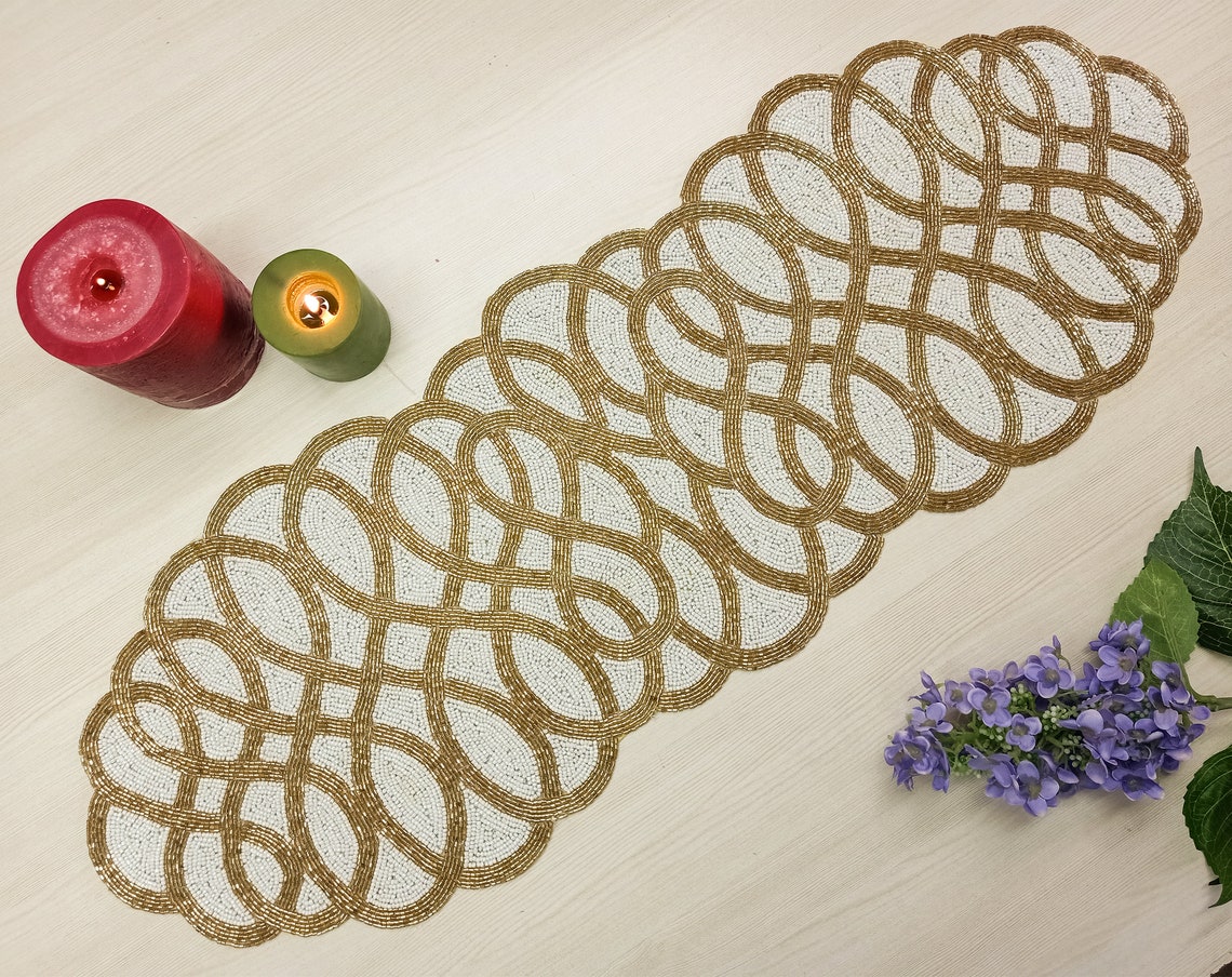Gold and White Handmade Beaded Runner - Etsy