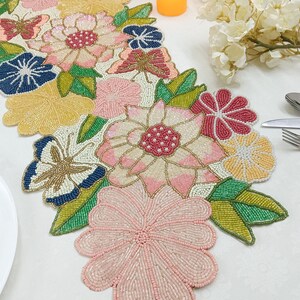 Pink Flowers Handmade Beaded Table Runner - Etsy