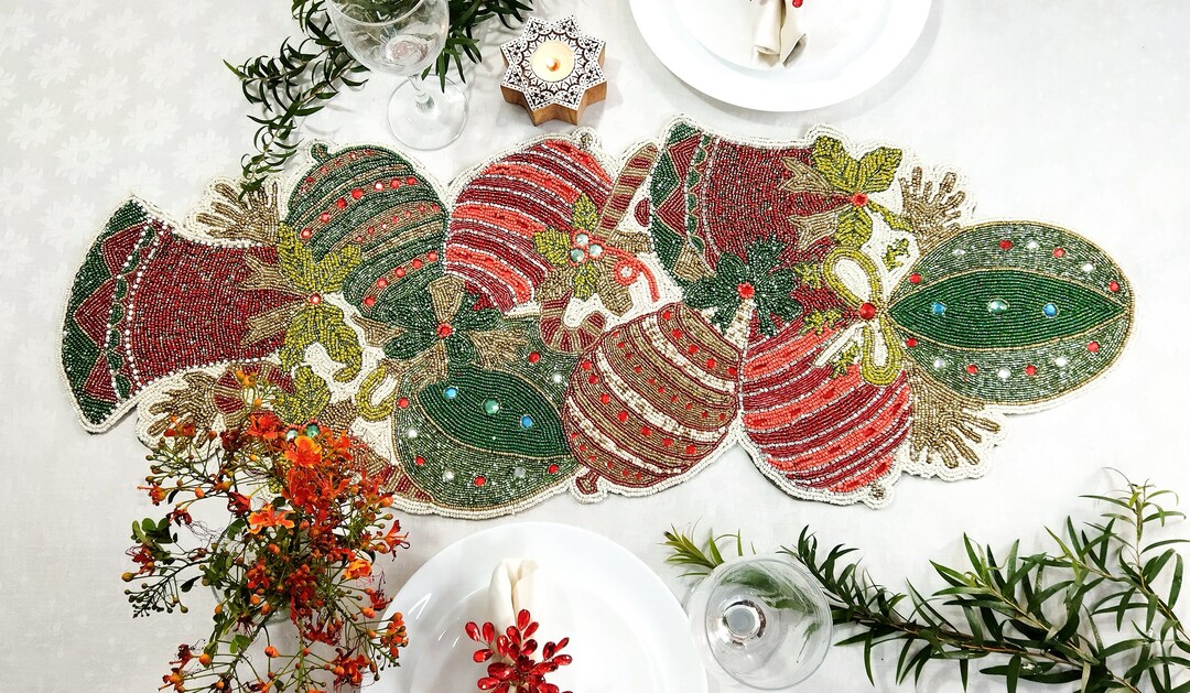 Handmade Christmas Beaded Table Runner, Holiday Table Decor - Etsy