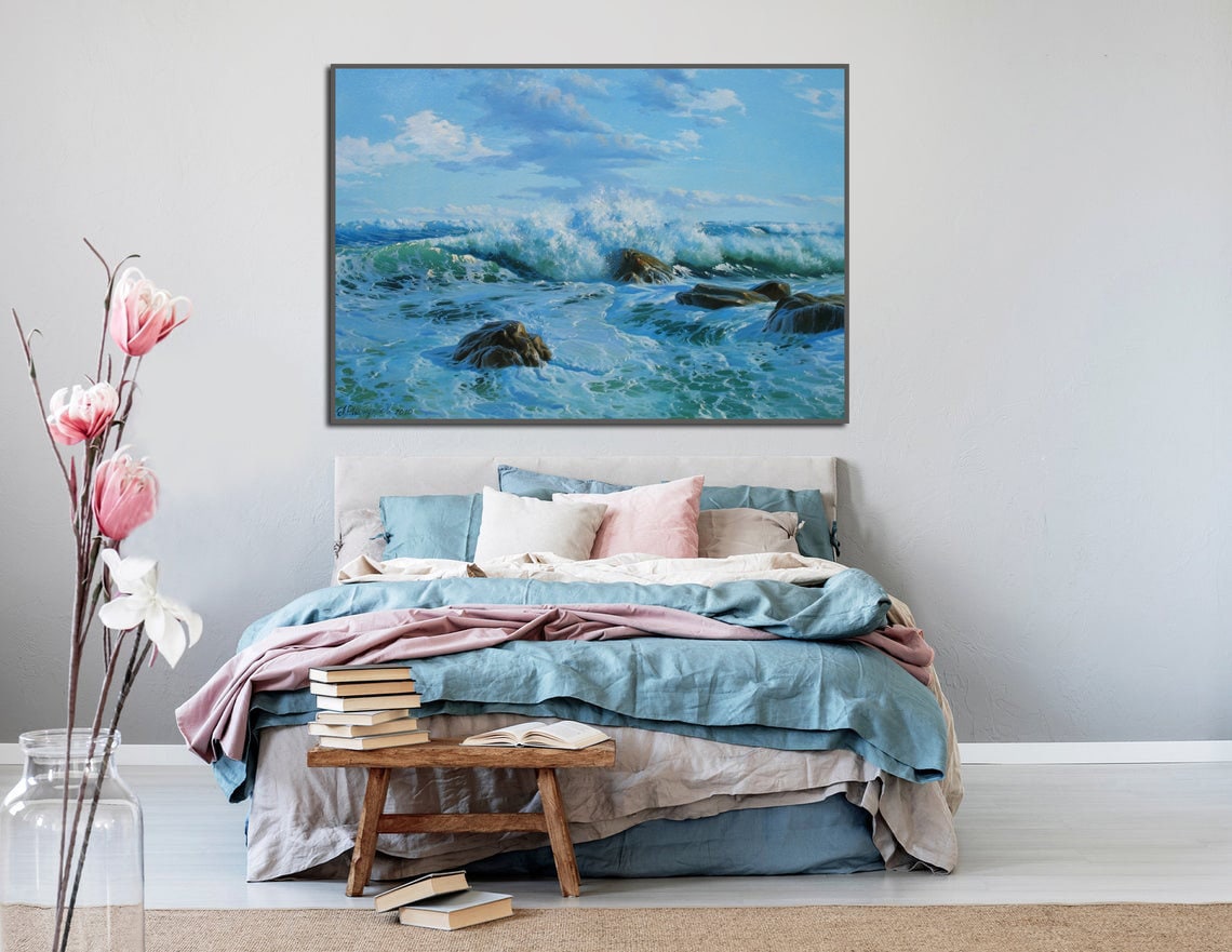 Extra Large Wall Décor Canvas Blue Waves Ocean Original Oil - Etsy