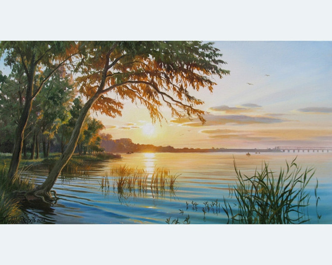 Sunset Landscape Painting Original by Alexander Shenderov Blue Green ...