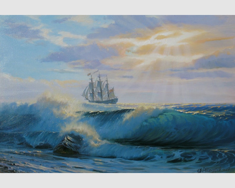 Battleship Painting by Alexander Shenderov Sail Ship Oil Original Painting Canvas Realism Oil ...