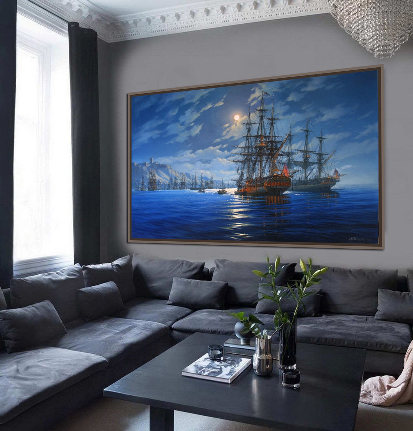 Large Sail Ship Night Original Oil Painting on Canvas by Alexander Shenderov Large Night ...