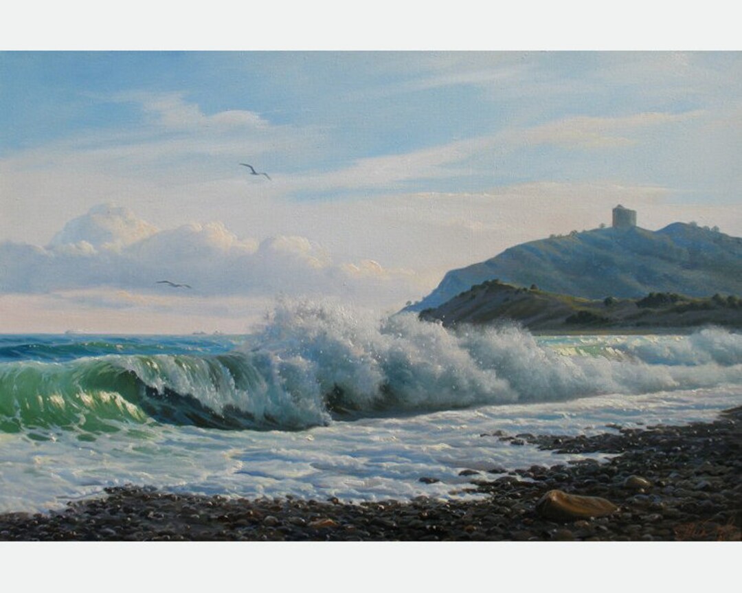 Beach Waves Blue Ocean Original Oil Painting on Canvas by Alexander ...