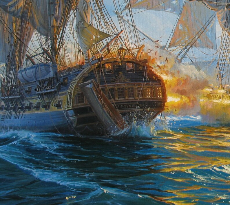 Night Naval Battle Painting by Alexander Shenderov Original Oil Painting Canvas Oversize Wall ...