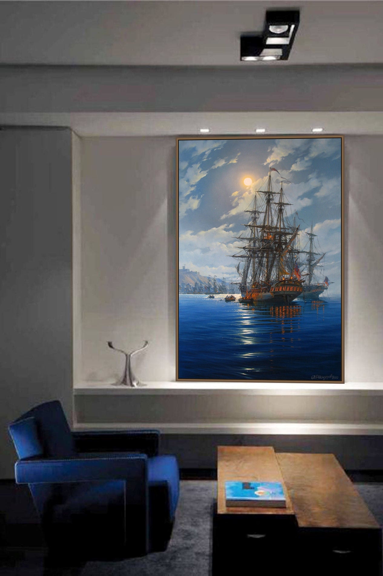 Night Seascape by Alexander Shenderov Original Oil Painting Canvas Sailboat Art Sailing Ship ...