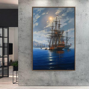 Night Seascape by Alexander Shenderov Original Oil Painting Canvas Sailboat Art Sailing Ship ...