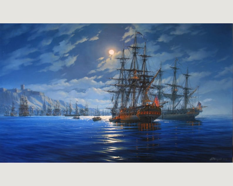Large Sail Ship Night Original Oil Painting on Canvas by Alexander Shenderov Large Night ...