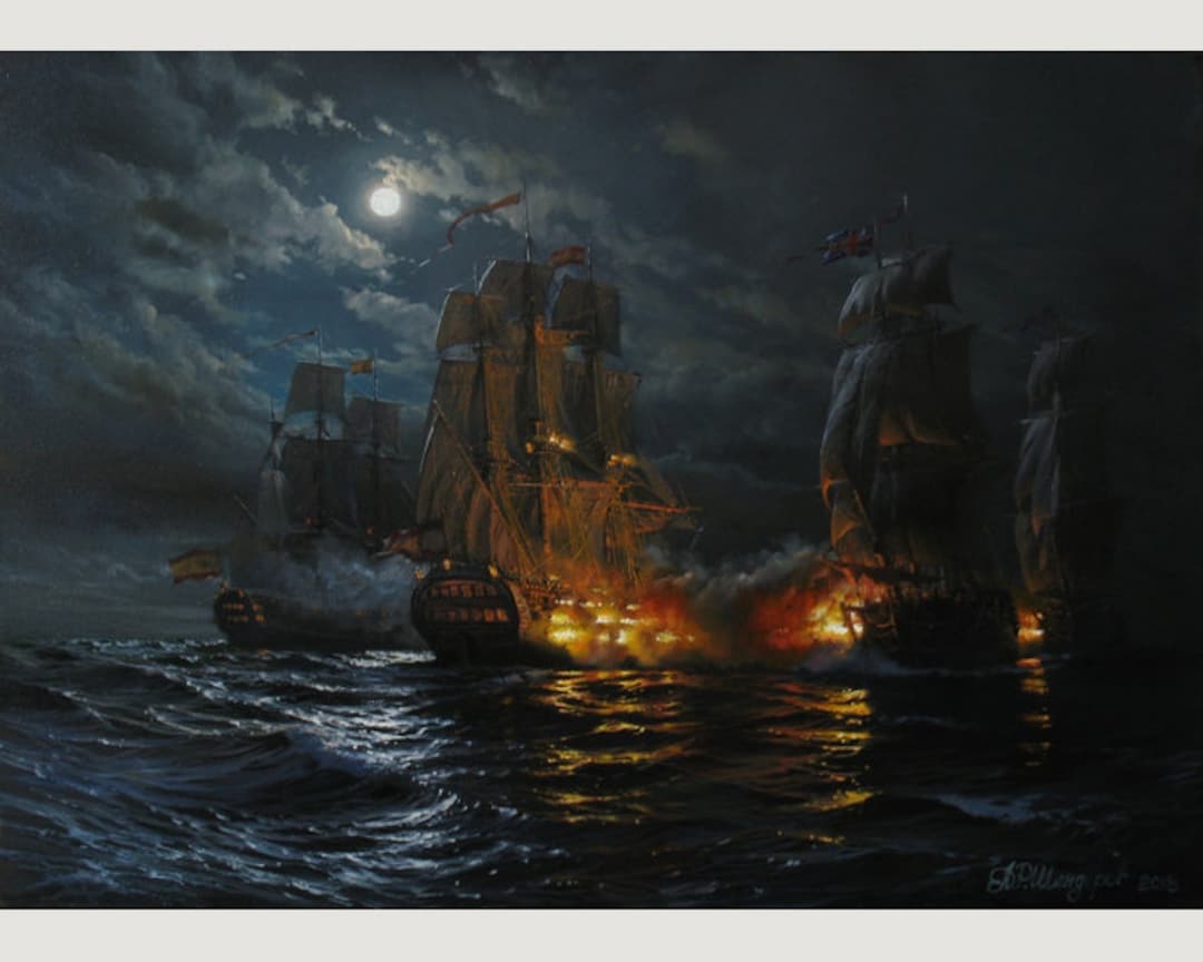 Battle Ships Painting Original by Alexander Shenderov Night Ocean Painting Night Sea Battle ...