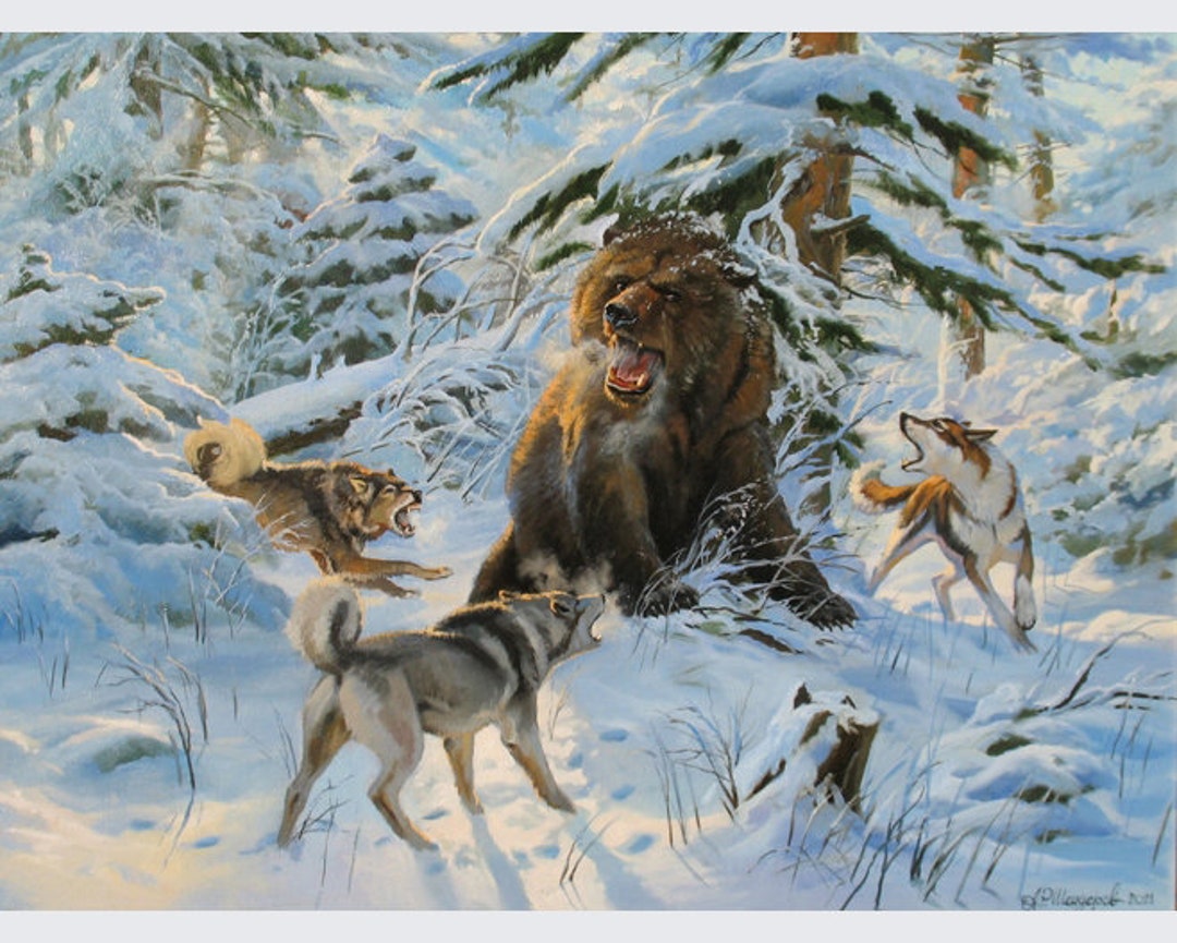 Winter Forest Oil Painting: Bear and Wolves Landscape Art by Alexander ...