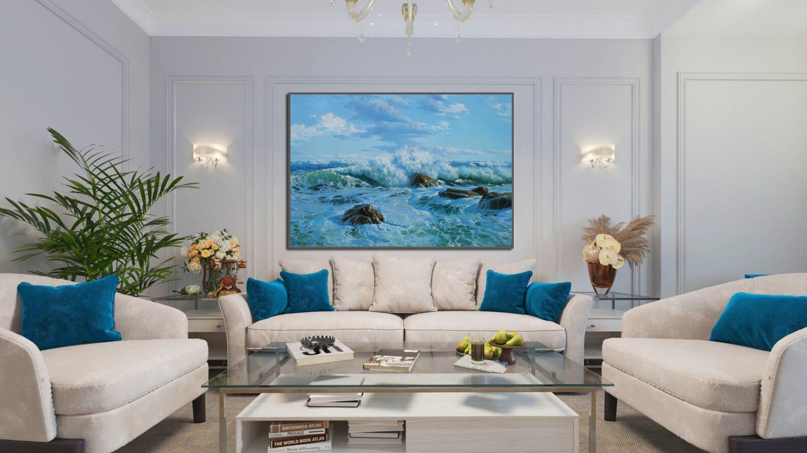 Extra Large Wall Décor Canvas Blue Waves Ocean Original Oil - Etsy