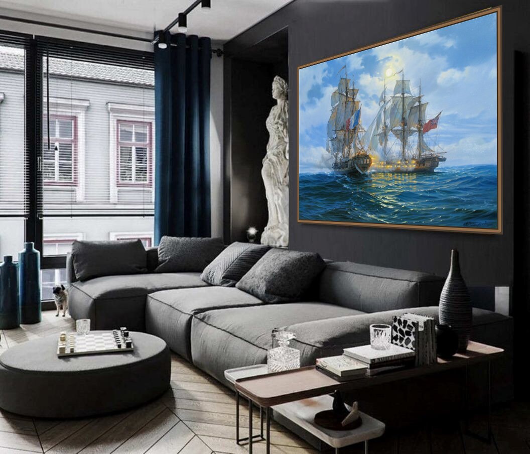 Night Sail Ship Oil Painting Original by Alexander Shenderov Night Ocean Art Sailboat Art Large ...