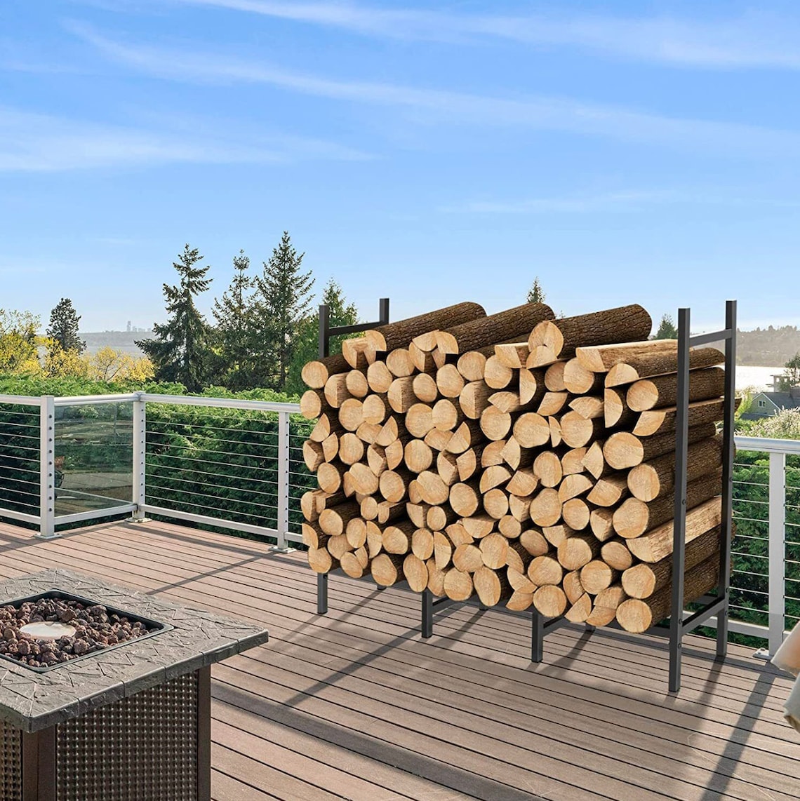 4FT Fire Wood Holder Log Rack Outdoor and Porch Heavy Duty Metal Wood ...