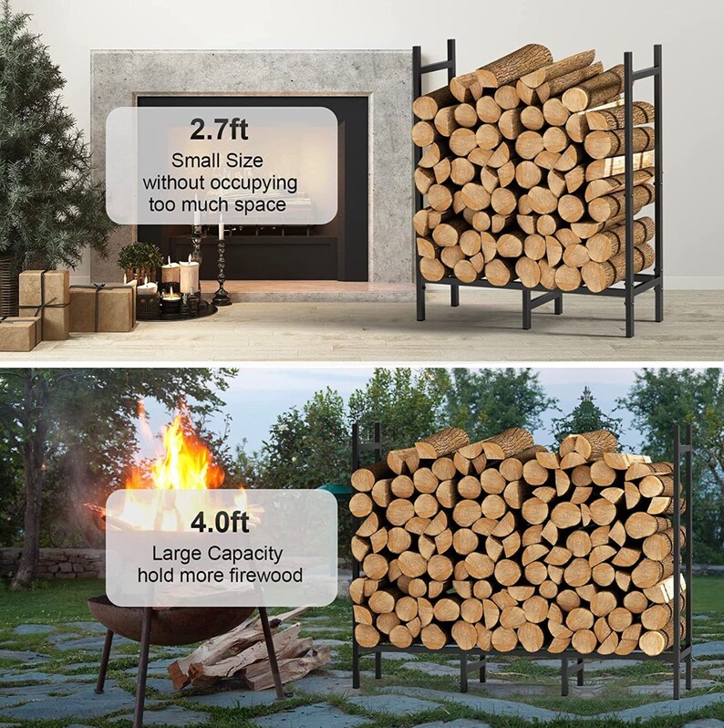 4FT Fire Wood Holder Log Rack Outdoor and Porch Heavy Duty Metal Wood ...
