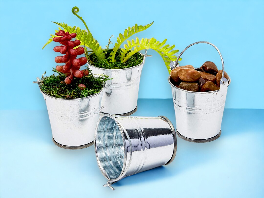 48-count 2" Mini Silver Metal Tin for Party Favors Tin Bucket Pails ...