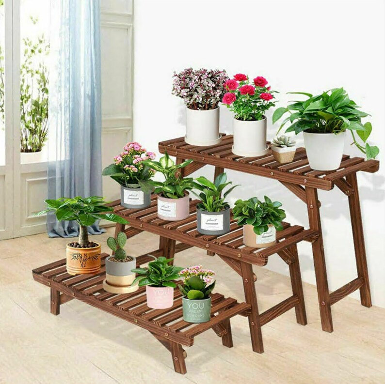 Large Wood Tier Shelf Flower Plant Display Stand Rack Freestanding ...