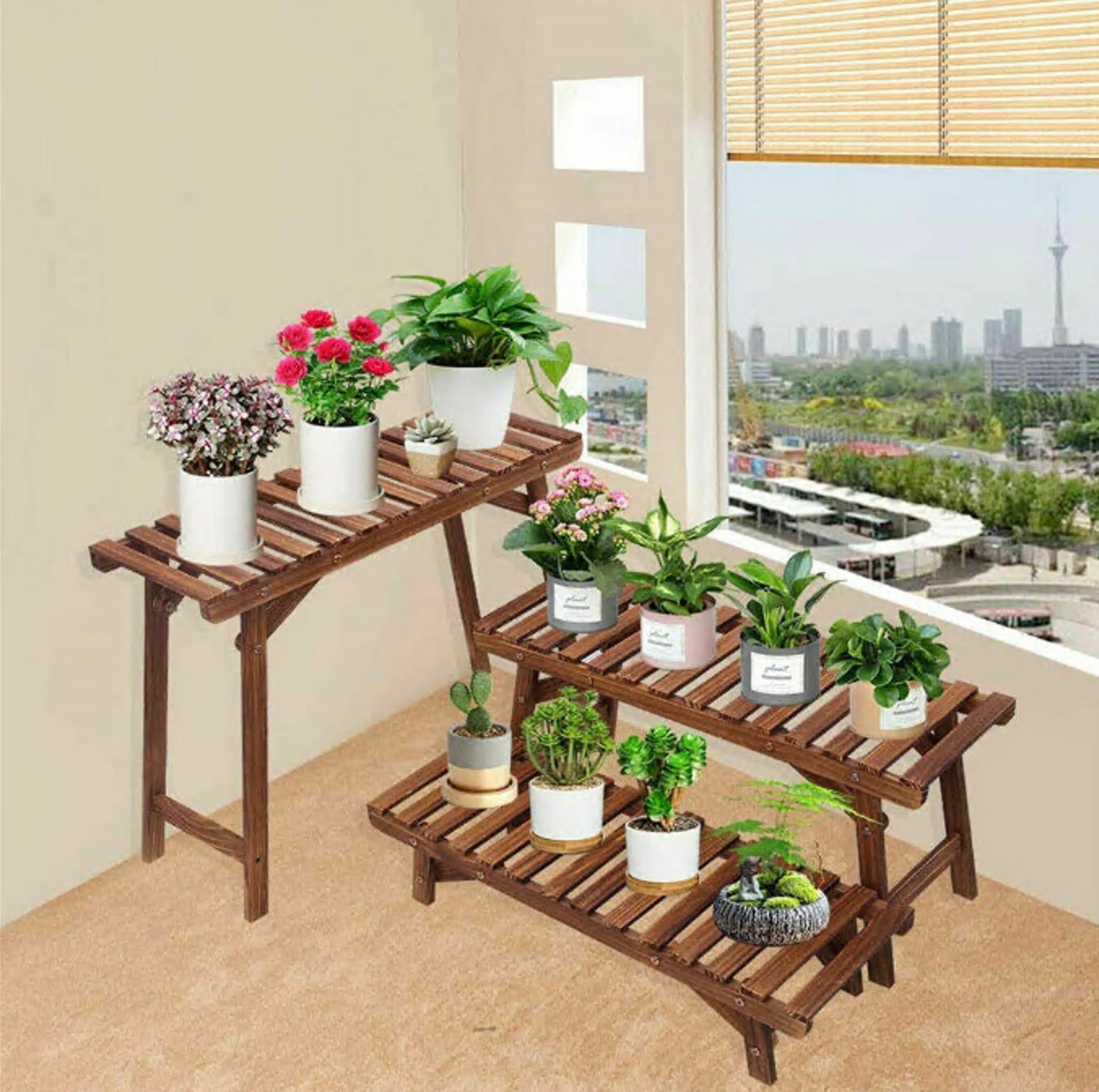 Large Wood Tier Shelf Flower Plant Display Stand Rack Freestanding ...