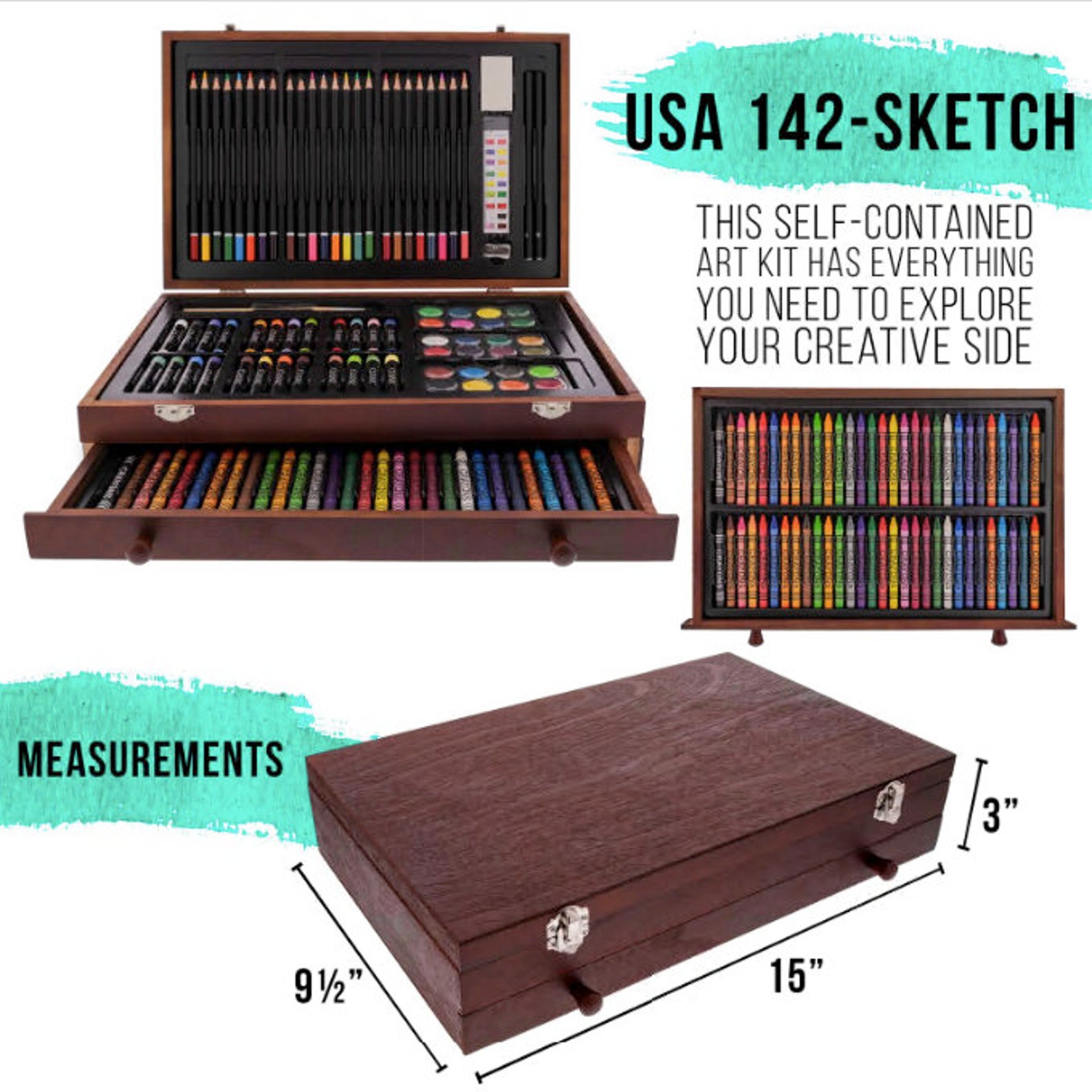 145pc Wood Box Art Painting Drawing Set Sketch Pads Creative Gift Box 2 ...