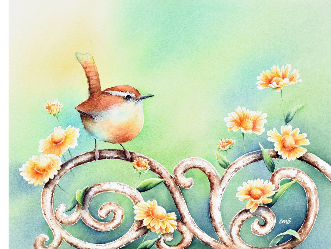 Wren Watercolor Painting- Wren in Flower Garden Watercolor - Watercolor ...