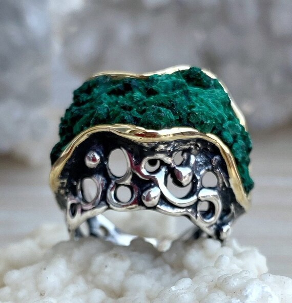 Natural Raw Malachite Ring Sterling Silver and 24K Gold Plated Green Stone Ring for Women Raw Gemstone Ring Crystal Made in Armenia Etsy